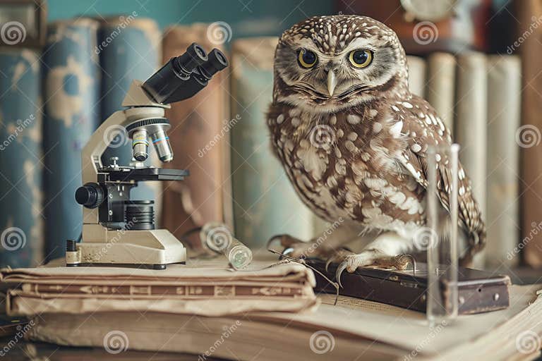 A Small Owl is Sitting on Top of a Stack of Books and a Microscope ...