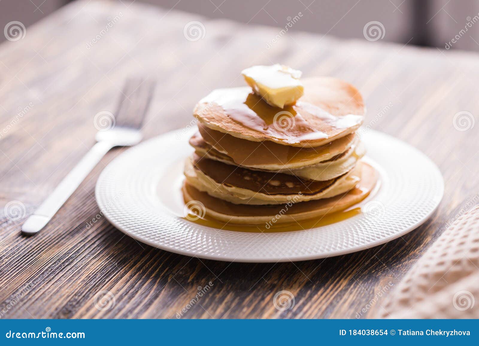 Small Pancakes with Maple Syrup and Butter on Wooden Table. Breakfast ...