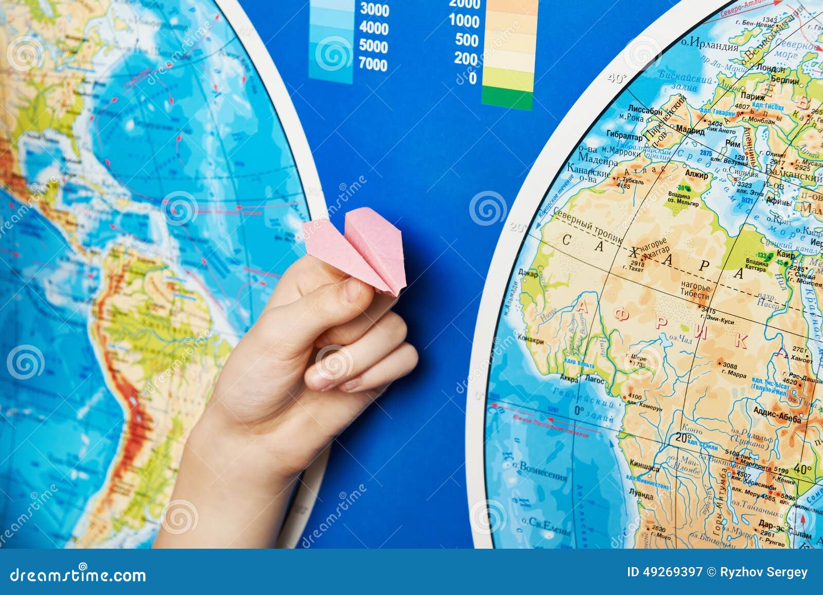 Small Paper Airplane on Intercontinental Flight To World Map Stock ...