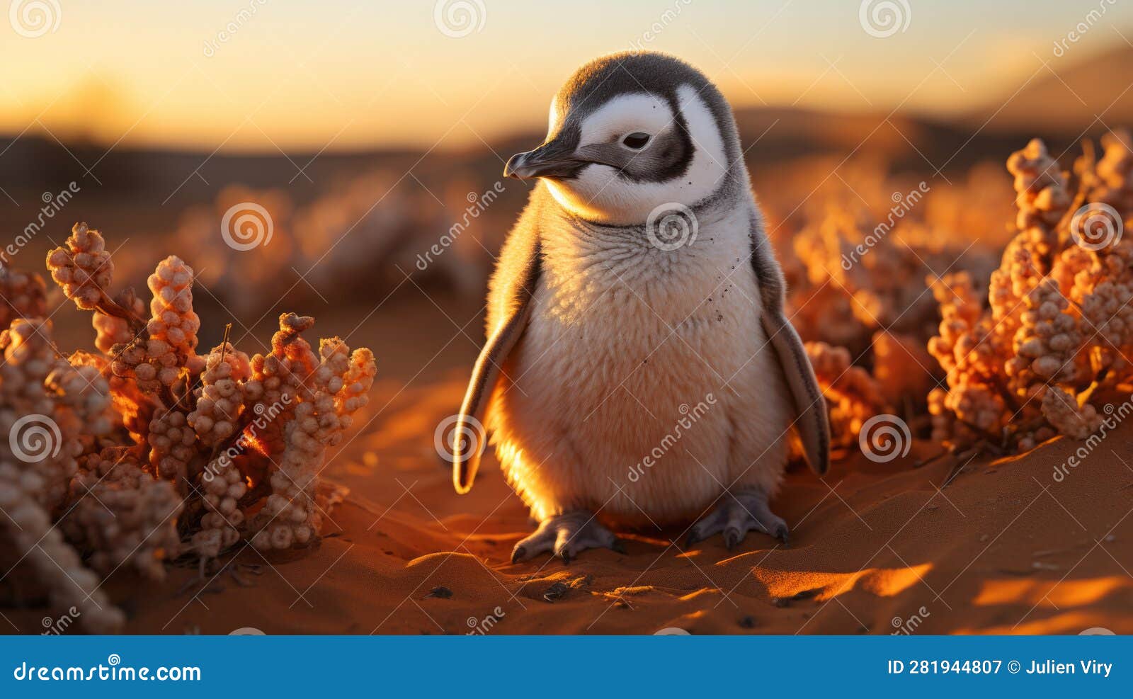 Small Penguin Lost In The Desert, Climate Change Concept Illustration ...