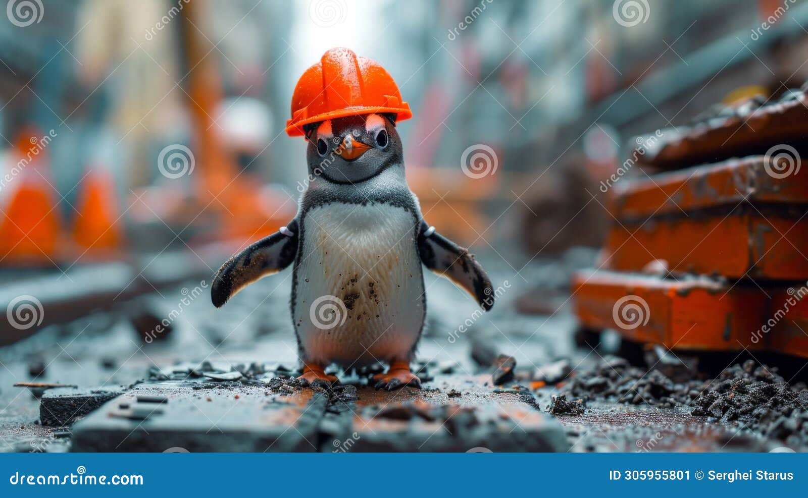A Small Penguin Wearing a Hard Hat on the Ground, AI Stock Image ...