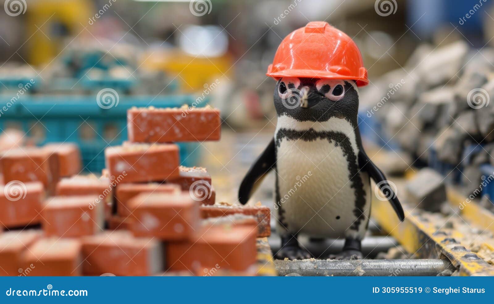 A Small Penguin Wearing a Hard Hat on Top of Train Tracks, AI Stock ...