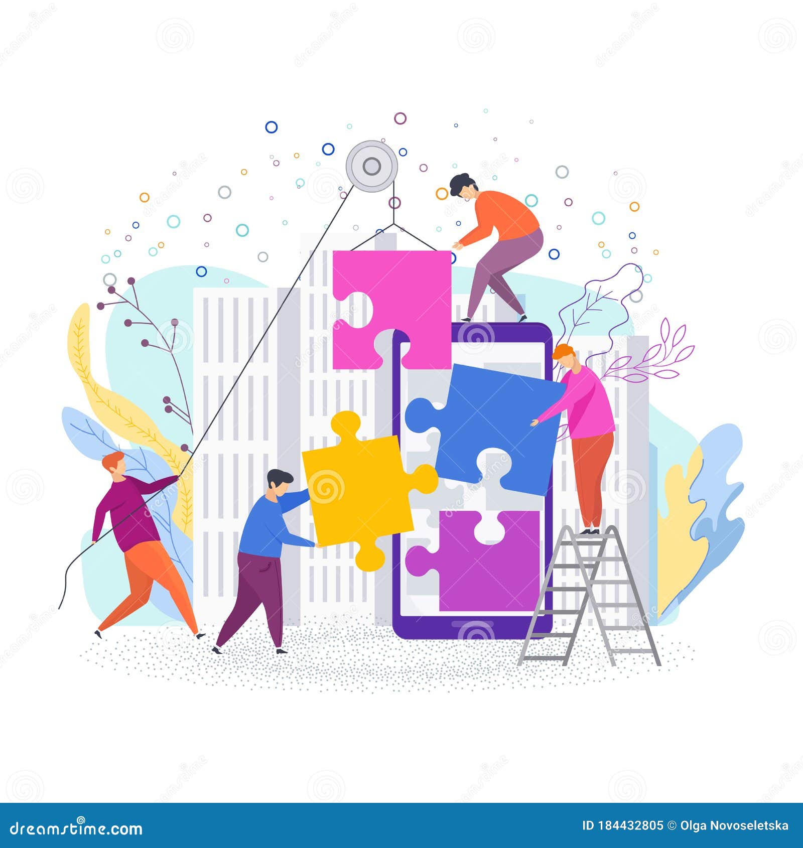 Small People Assemble a Puzzle. Metaphor of Teamwork Stock Vector ...