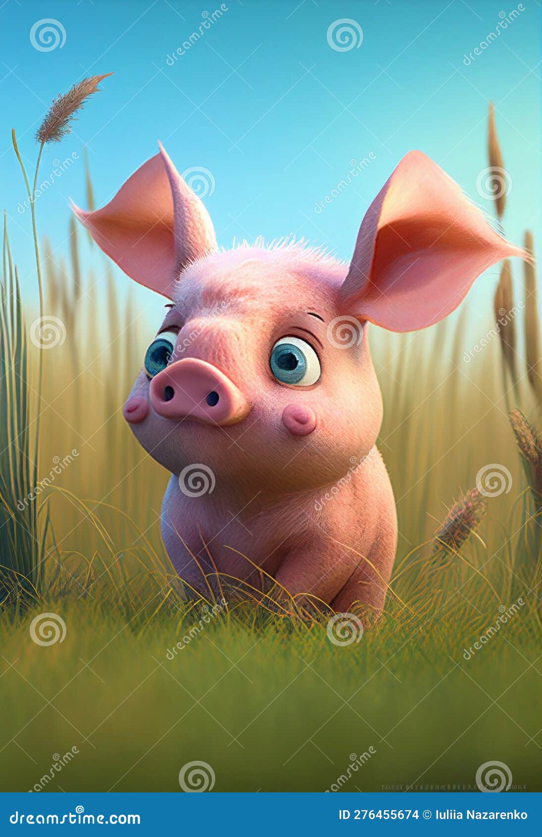 Pig Looking through the Blue Grass of the Prairie, Cartoon Style. AI ...