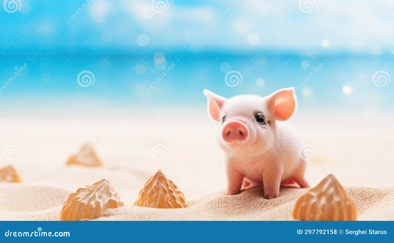 A Small Pig Standing on the Sand with Shells, AI Stock Photo - Image of ...