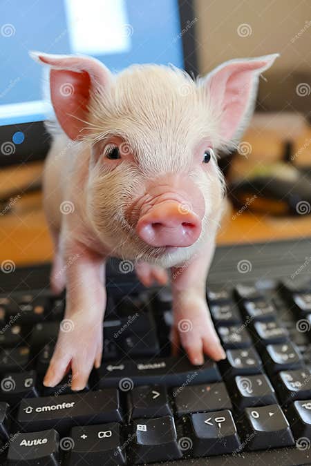 A Small Pig Standing on Top of a Computer Keyboard Stock Image - Image ...