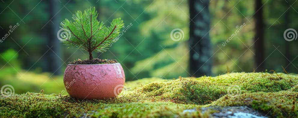 Small Pine Tree in a Pink Pot Resting on Moss in a Forest, Nature and Tranquility Concept Stock ...