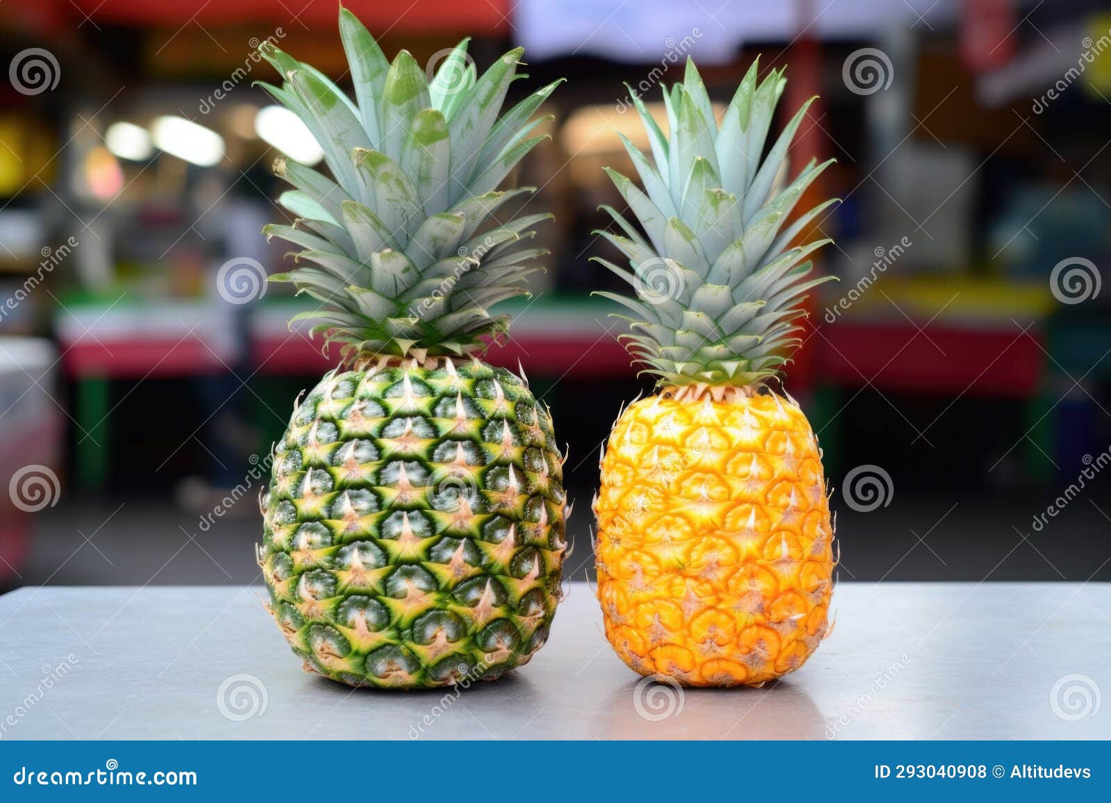 A Small Pineapple Near a Larger Pineapple on a Market Stall Stock Photo ...