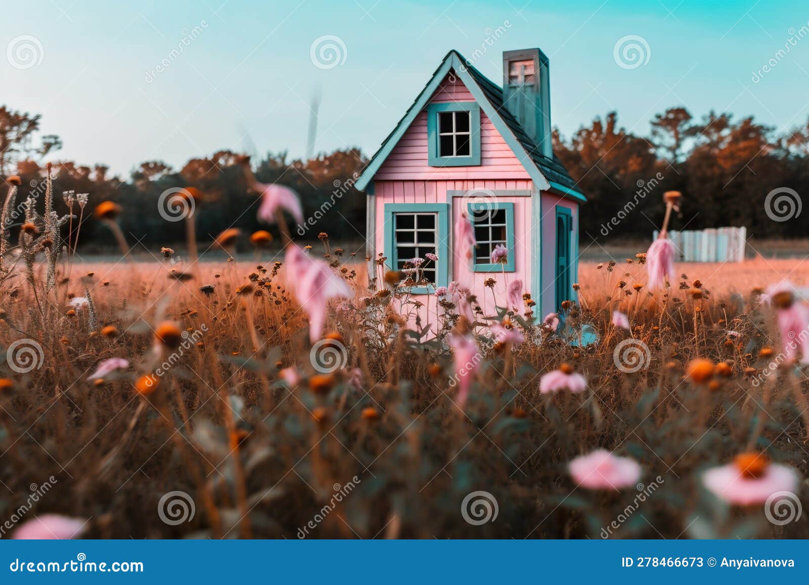 A Small Pink House in a Field of Flowers. Generative AI Image. Stock ...