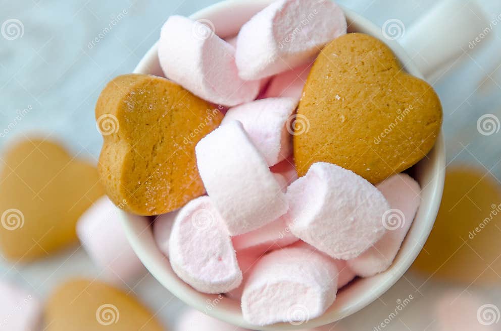 Small Pink Marshmallow with Biscuits in the Cup Stock Photo - Image of ...