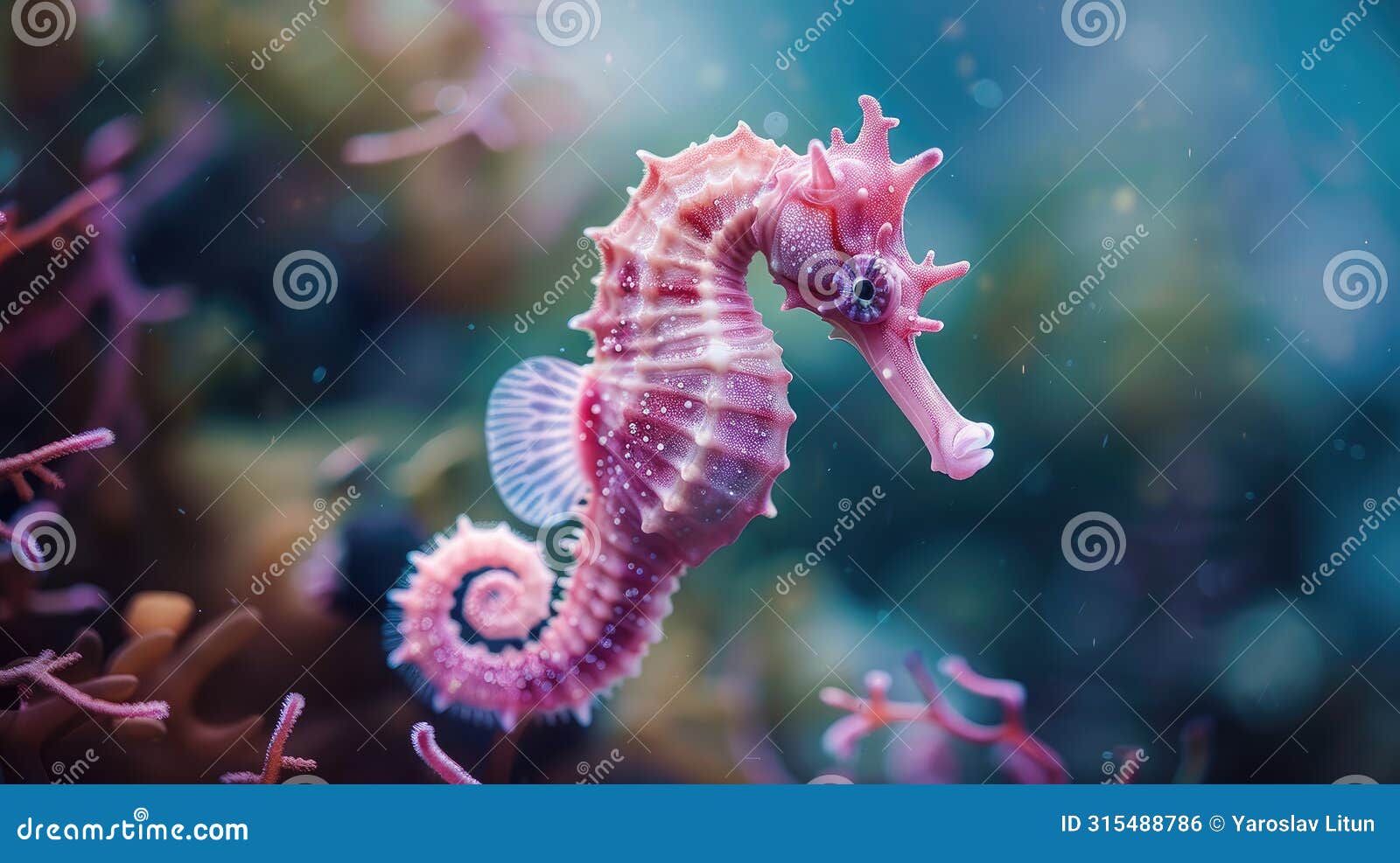 Small Pink Seahorse in on a Background of Corals and Algae Stock Photo ...