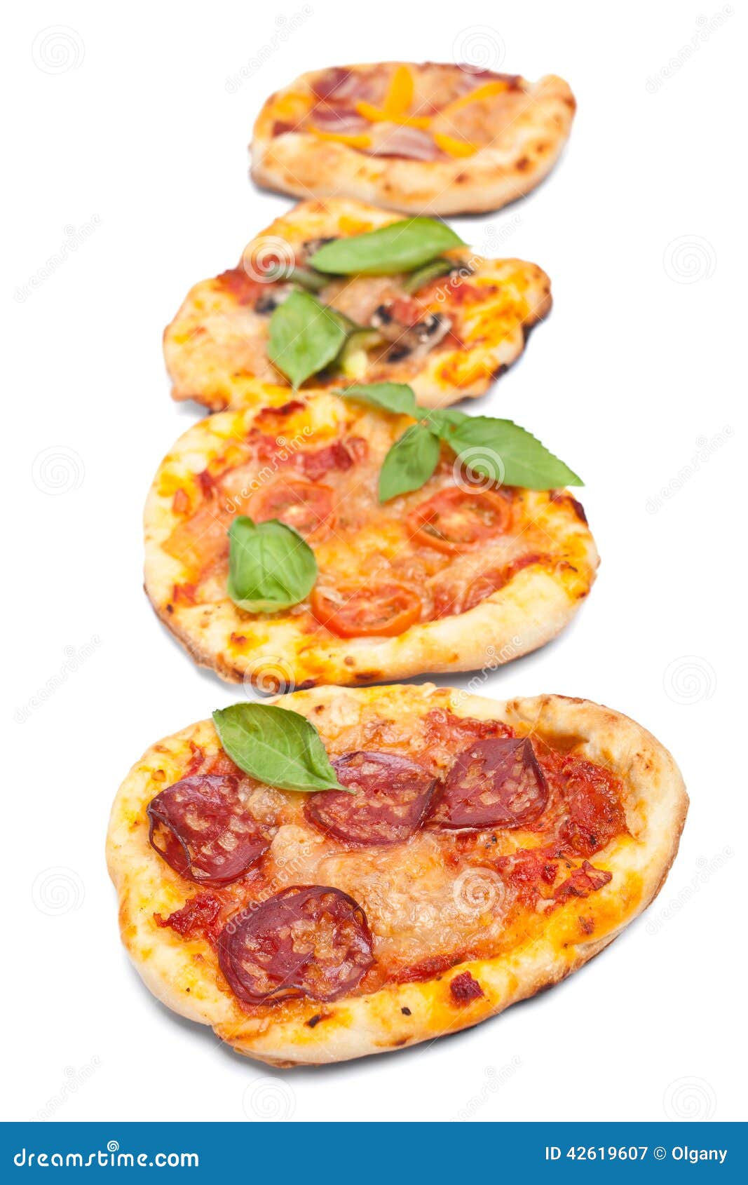 Small pizzas in a row stock image. Image of junkfood - 42619607