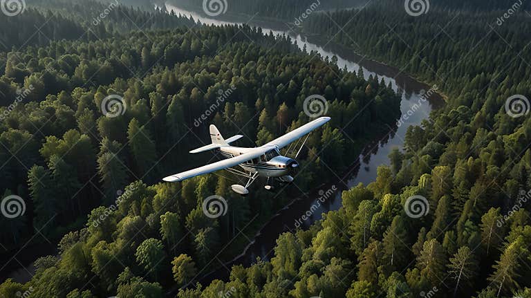 A Small Plane Flying Over a Dense Forest Stock Illustration ...
