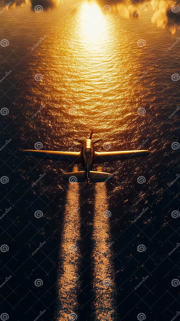 A Small Plane Flying Over the Ocean at Sunset Stock Photo - Image of ...