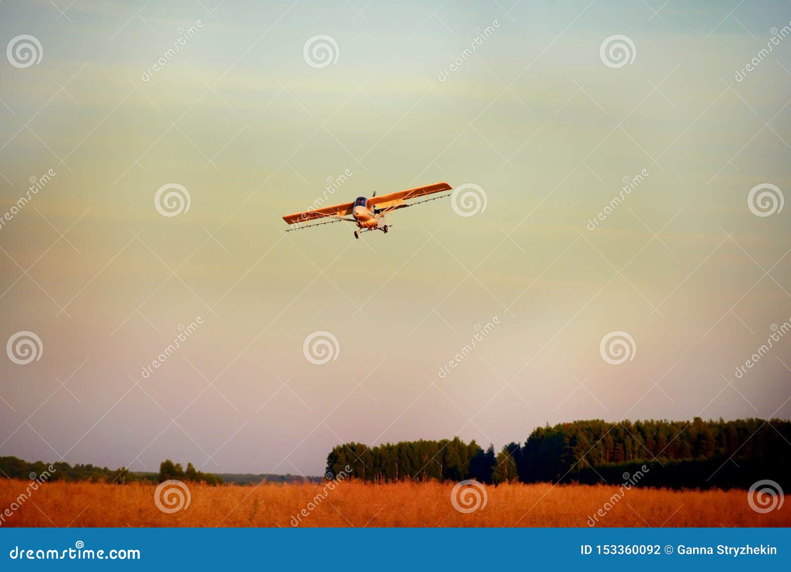 A Small Plane Flying in the Sky Over the Fields and Forests. Processing ...