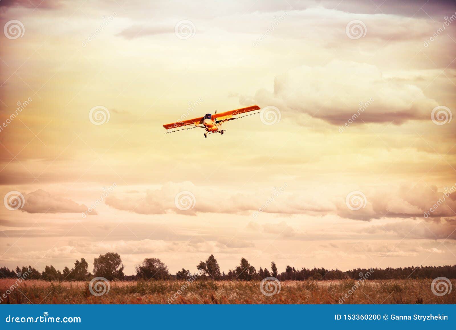 A Small Plane Flying in the Sky Over the Fields and Forests. Processing ...