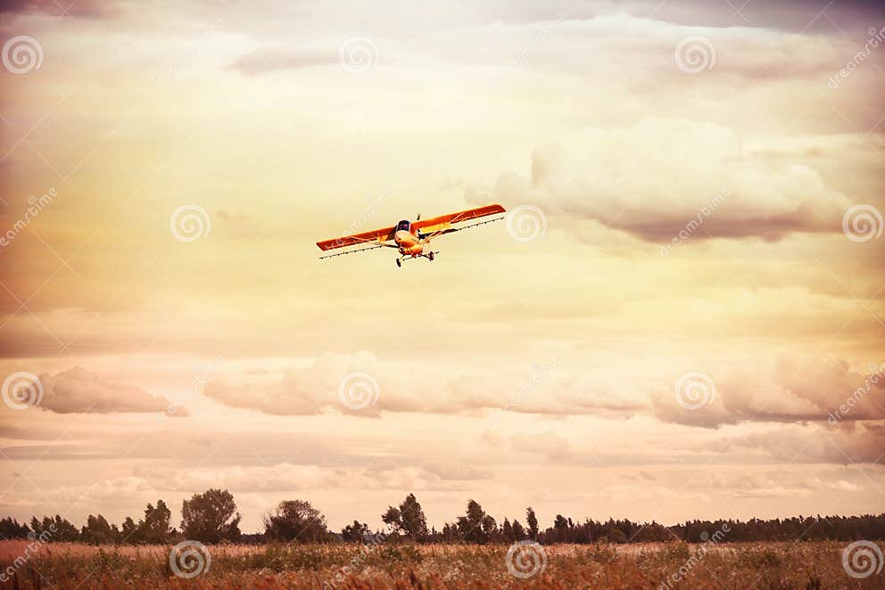 A Small Plane Flying in the Sky Over the Fields and Forests. Processing ...