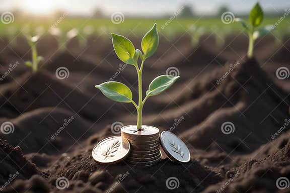 A Small Plant Growing from a Stack of Coins in Soil Stock Illustration ...