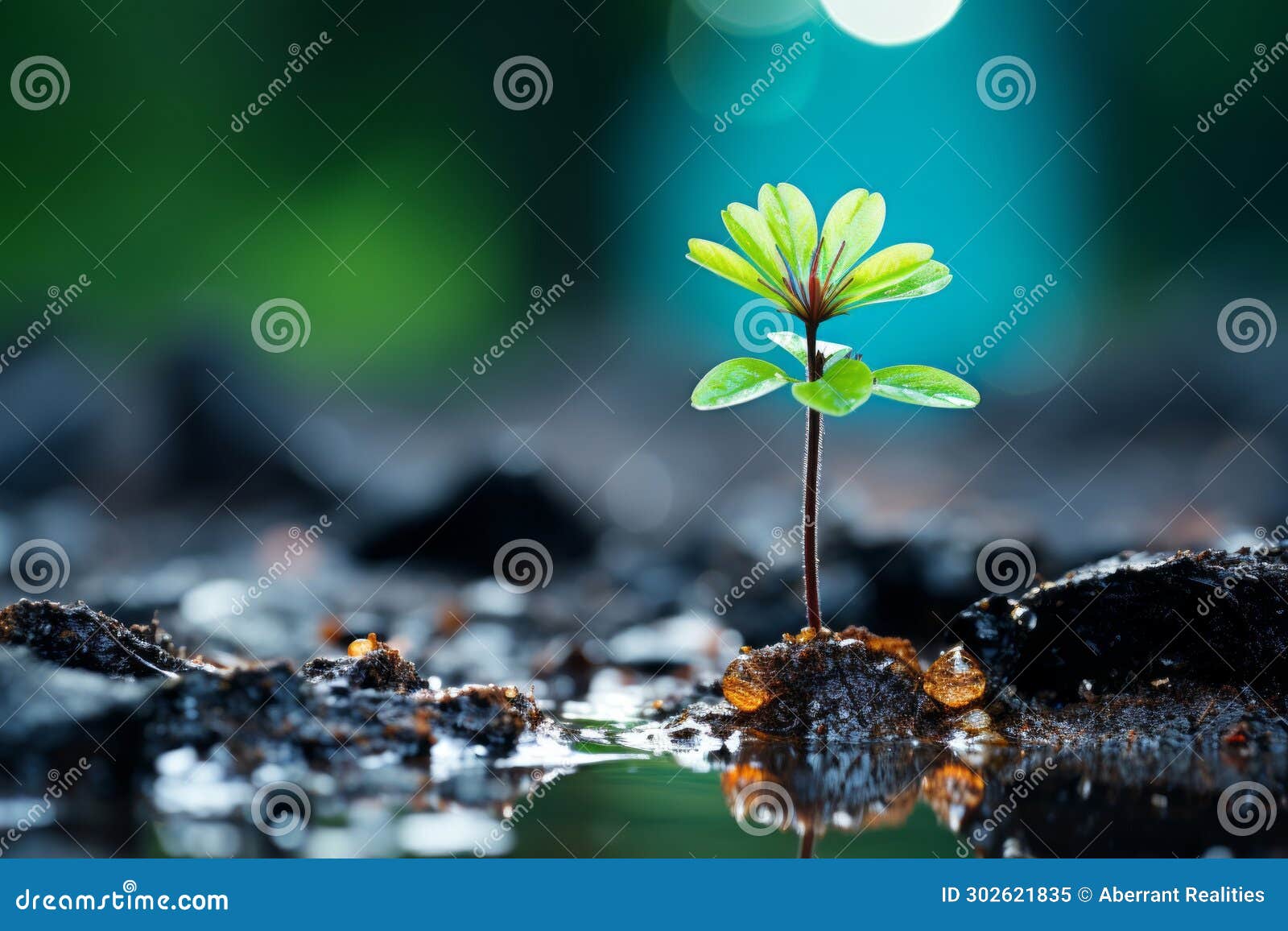 A Small Plant Sprouting from the Ground in a Puddle of Water Stock ...