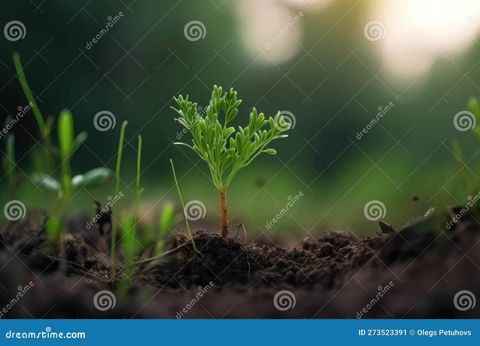 A Small Plant Sprouts Out of the Ground in the Sunlit Forest, with ...