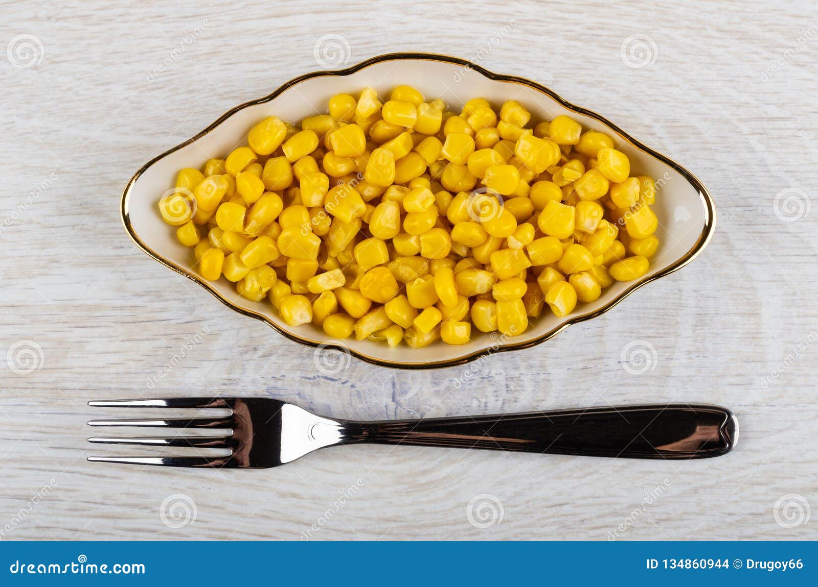 Plate with Sweet Corn, Fork on Table. Top View Stock Photo - Image of ...