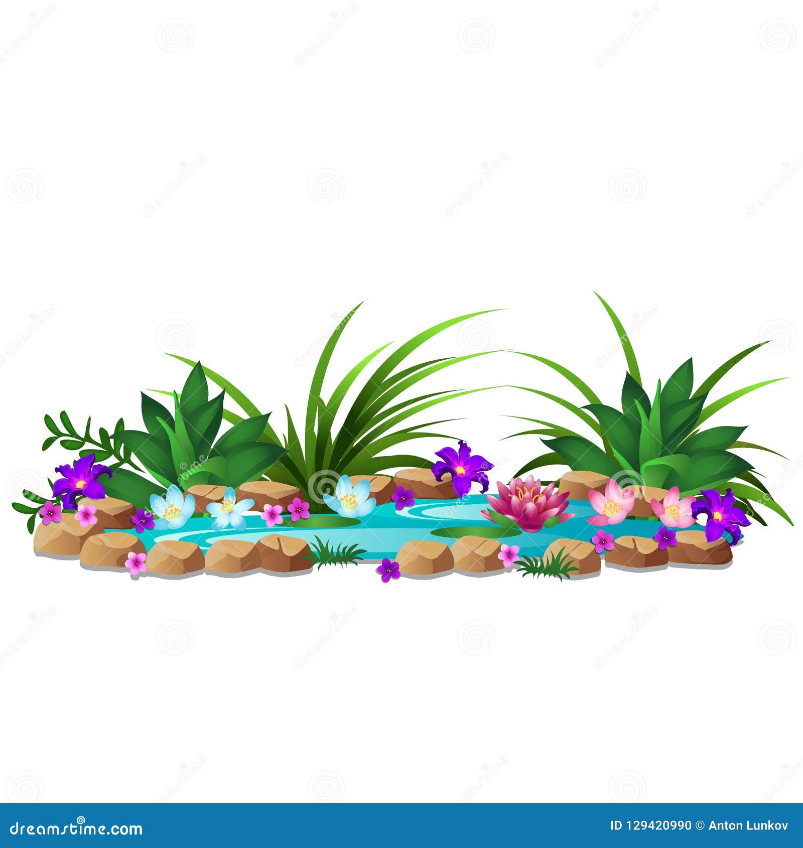 A Small Pond with Blooming Flowers Isolated on White Background. Decor ...