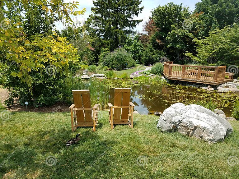 Small Pond with Chairs,boulder, Wood Observation Platform and Ducks ...