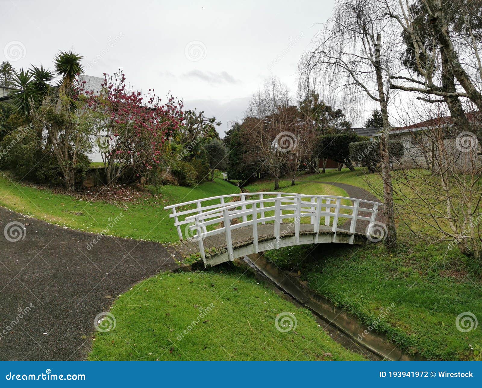 Small Pond and Decorative White Wooden Bridge in Park Stock Photo ...