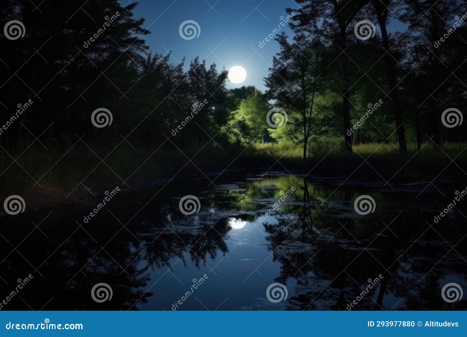 A Small Pond Reflects a Bright Moon in Its Dark Water Stock ...