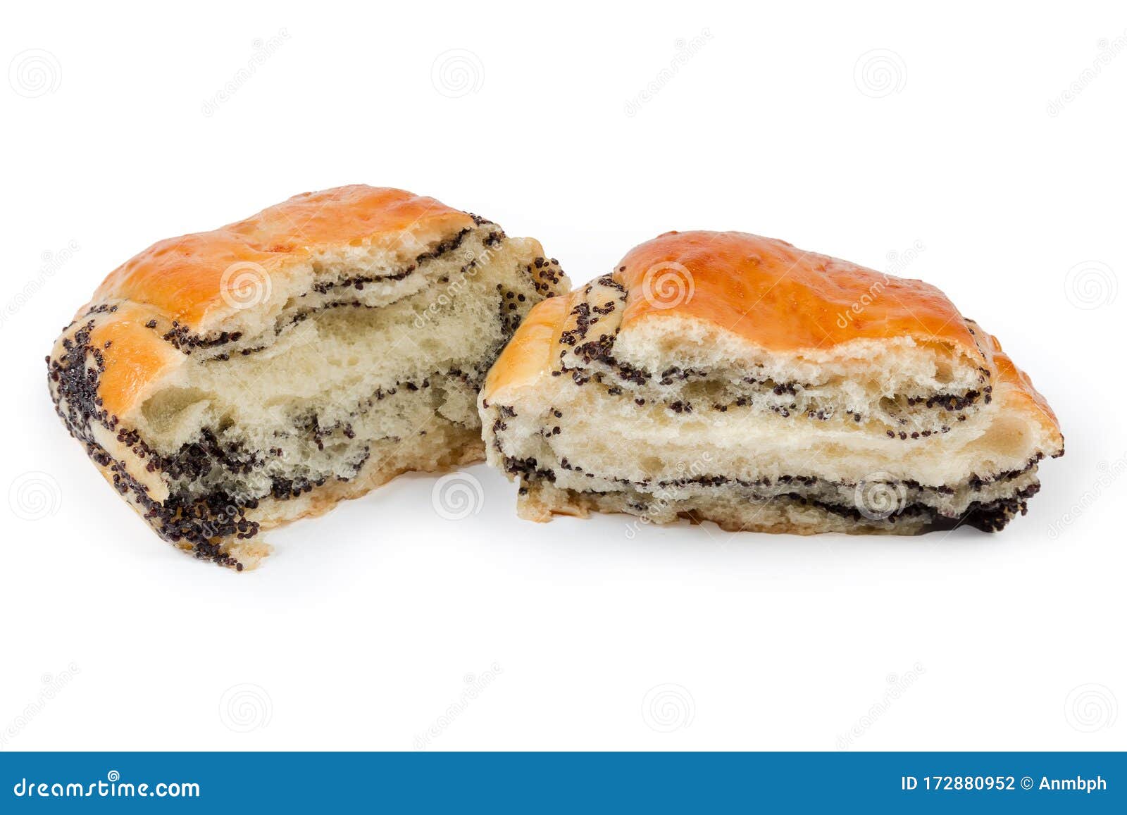 Small Poppy Seed Roll Broken in Half on White Background Stock Photo ...