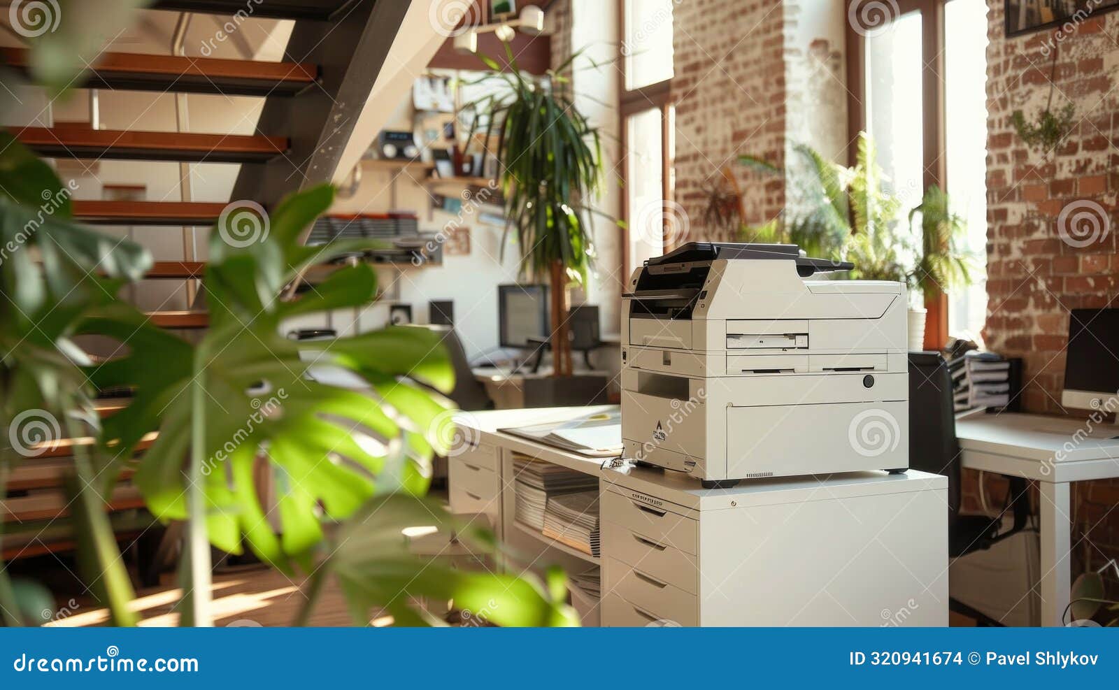 Small Printer in Loft Office. Contemporary Interior SOHO Stock Photo ...