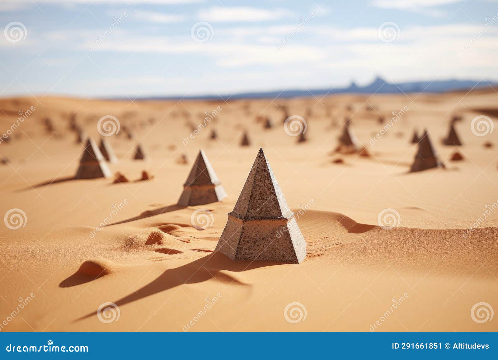 Small Pyramids Placed on a Sandy Desert Miniature Stock Image - Image ...