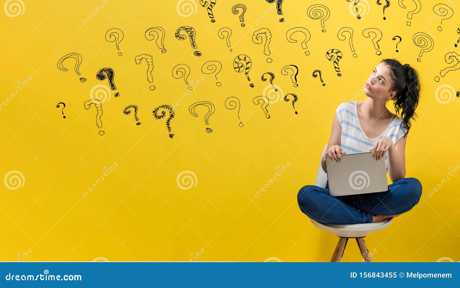Small Question Marks with Woman Using a Laptop Stock Image - Image of ...