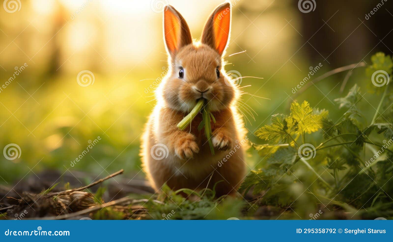 A Small Rabbit is Eating a Green Plant, AI Stock Photo - Image of baby ...