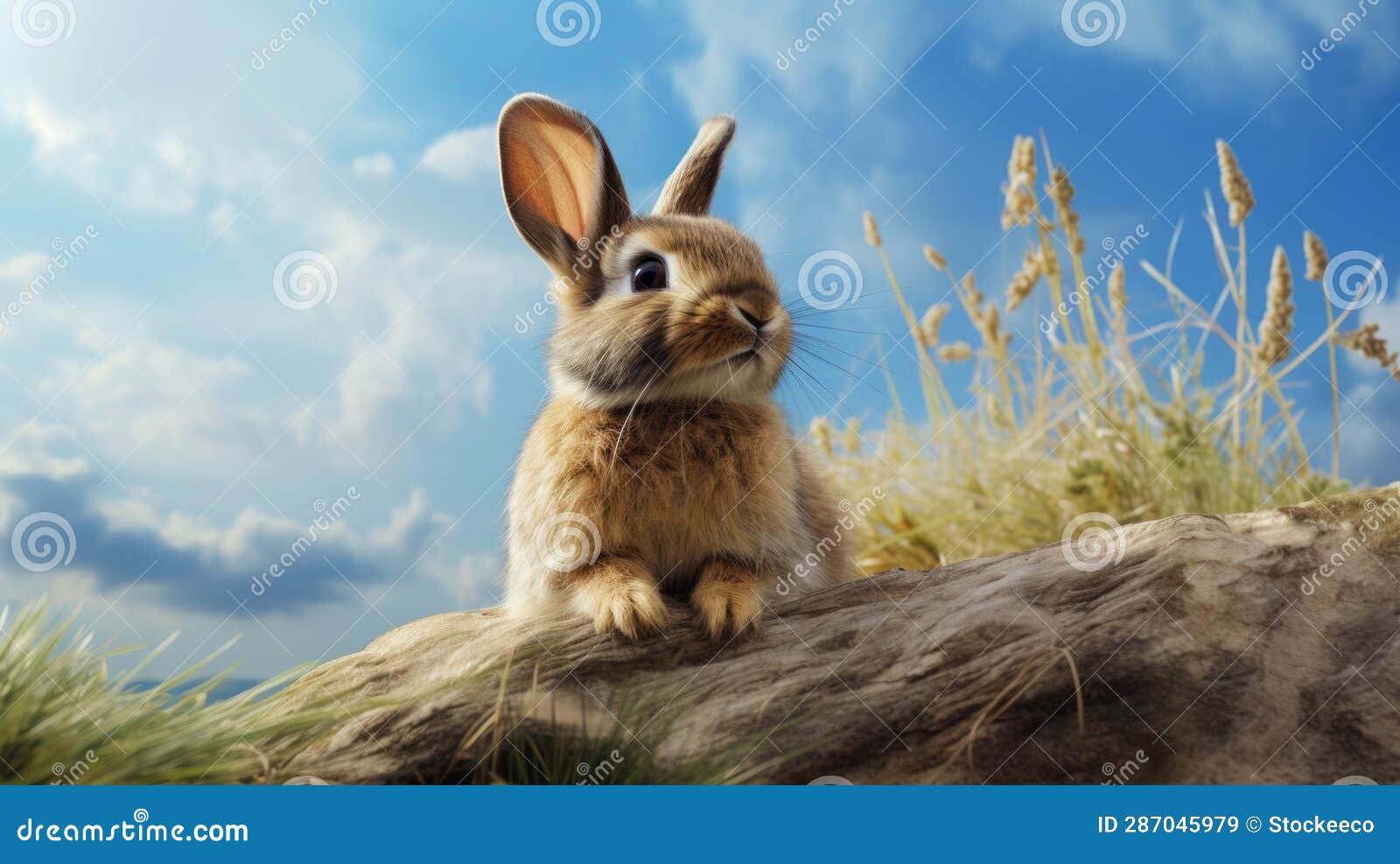 Small Rabbit Resting on Rock with Blue Sky Background Stock ...