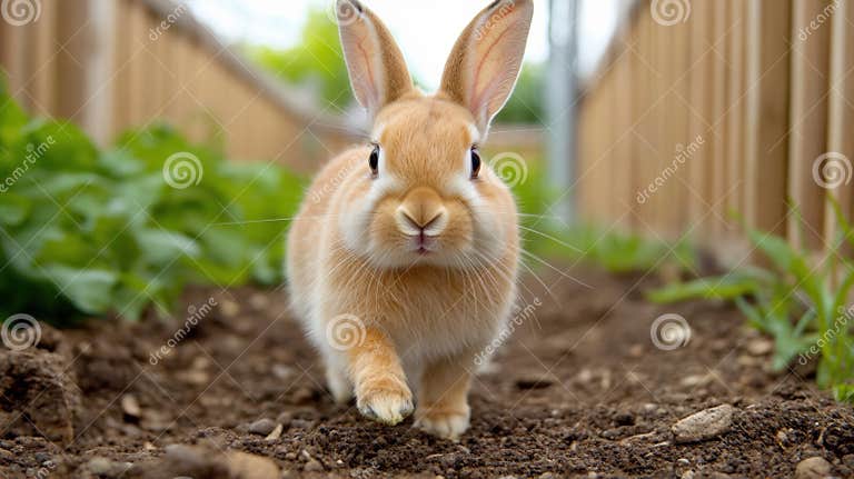 A Small Rabbit Walking on a Dirt Path in Front of Fence, AI Stock Image ...