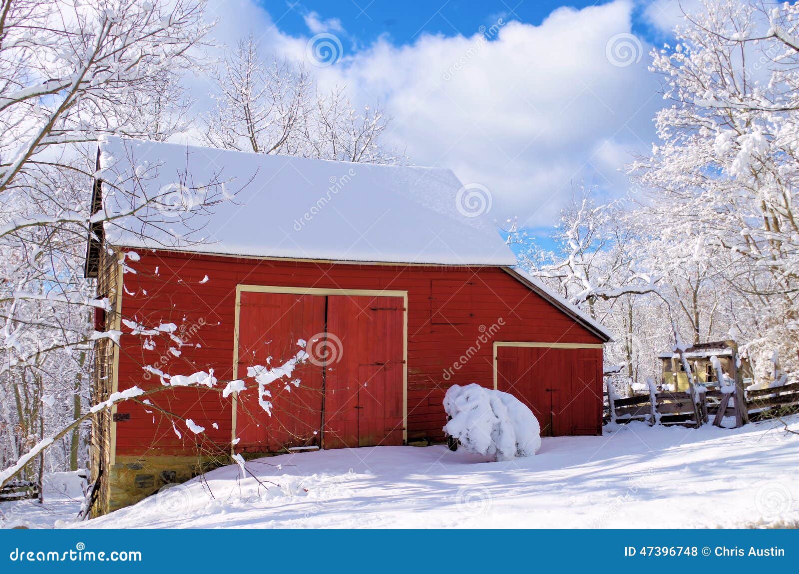 Small Red Barn in the Snow stock photo. Image of contrast - 47396748