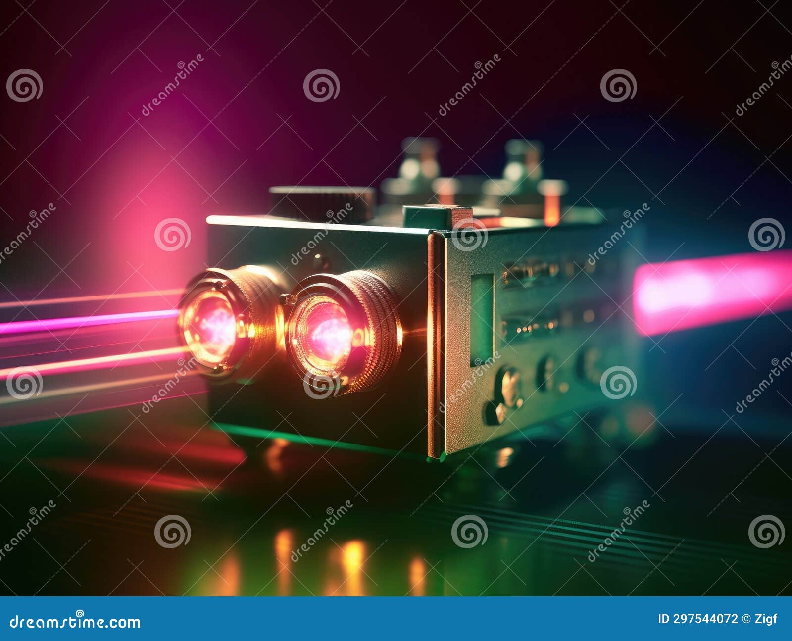 Small, Red Box with Two Lights Shining on it. these Lights are Located ...