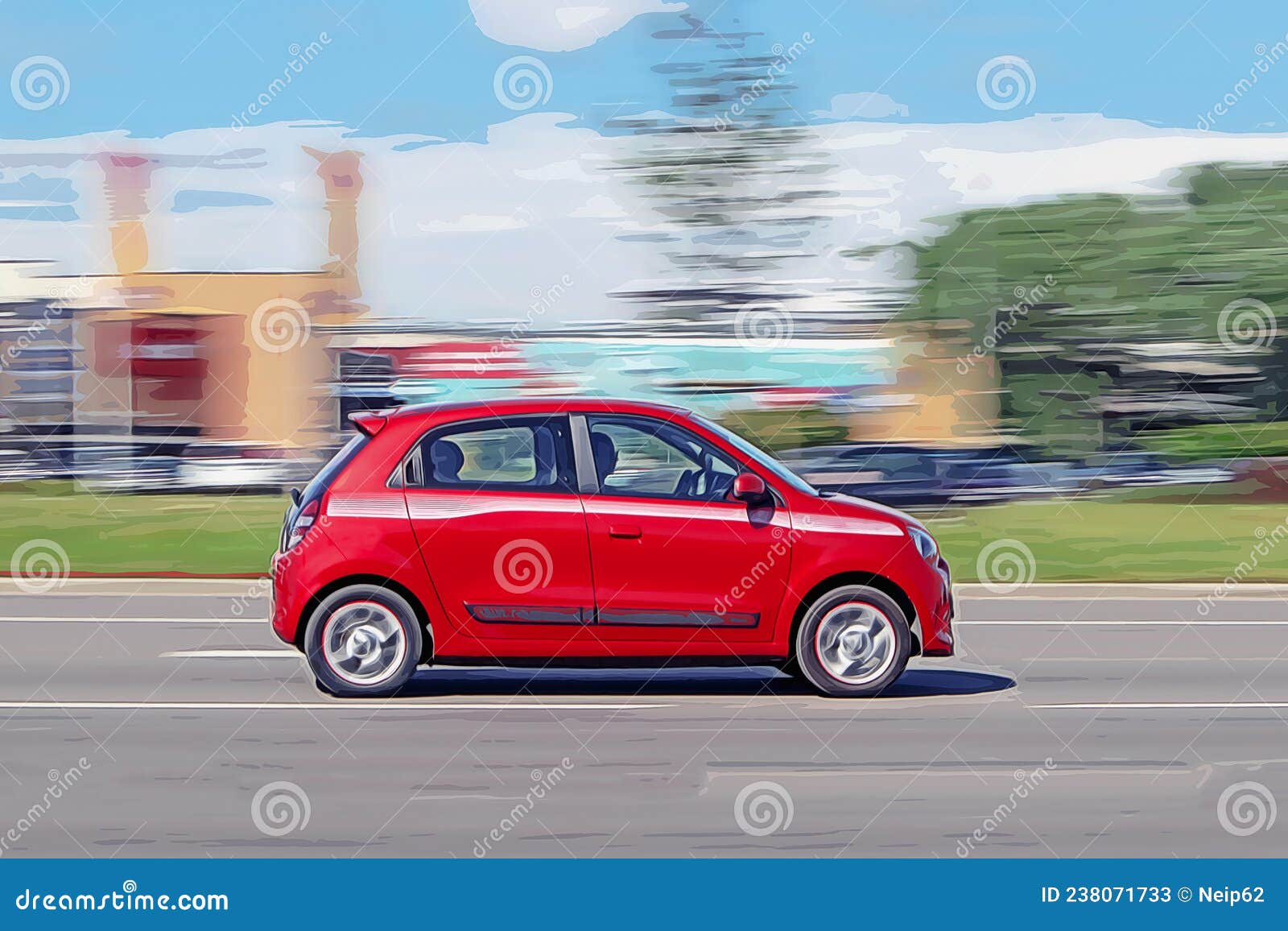 A Small Red Car is Driving on the Road. Drawn Illustration with a ...