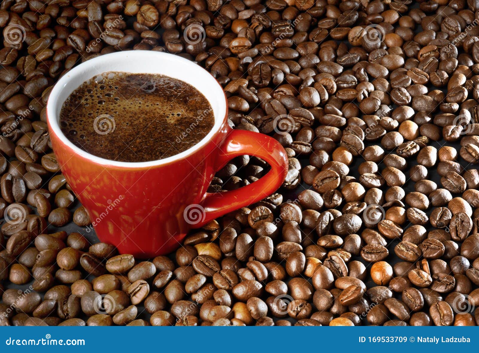 Red Cup with Coffee on Coffee Beans Stock Image - Image of tasty, cafe ...