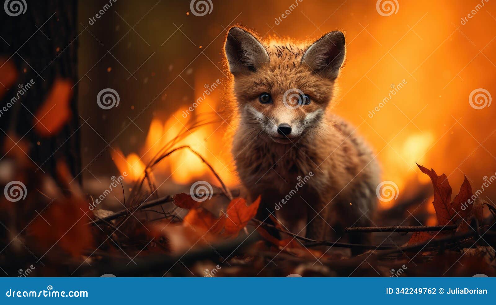 A Small Red Fox Stands Fearfully in Front of a Raging Forest Fire ...