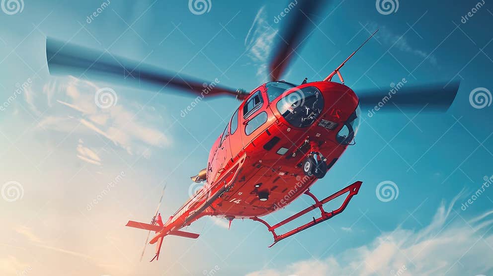 A Small Red Helicopter Soaring through a Clear Blue Sky with White ...