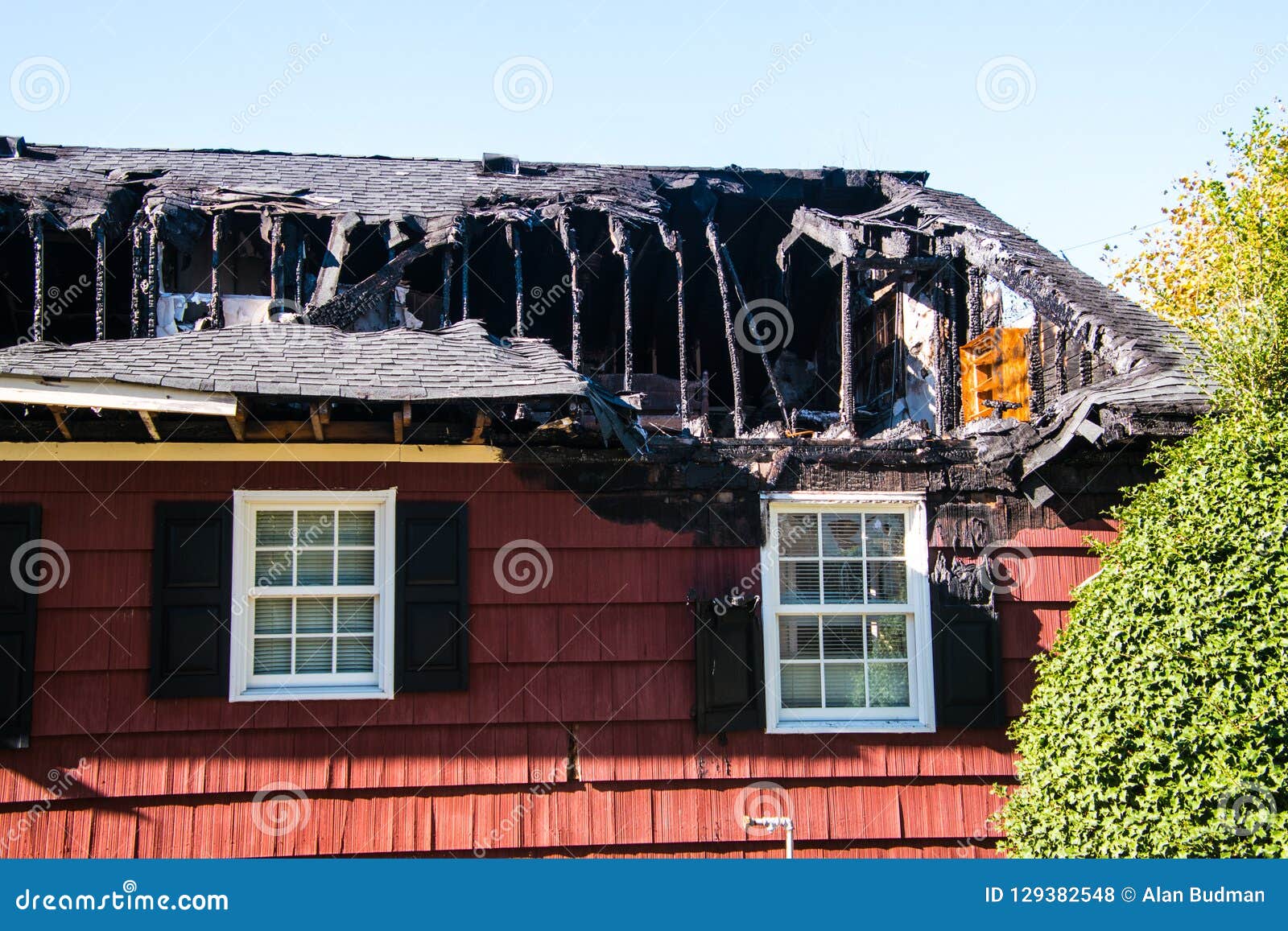 Small Red House with it`s Roof and Top Floor Destroyed by Fire Stock ...