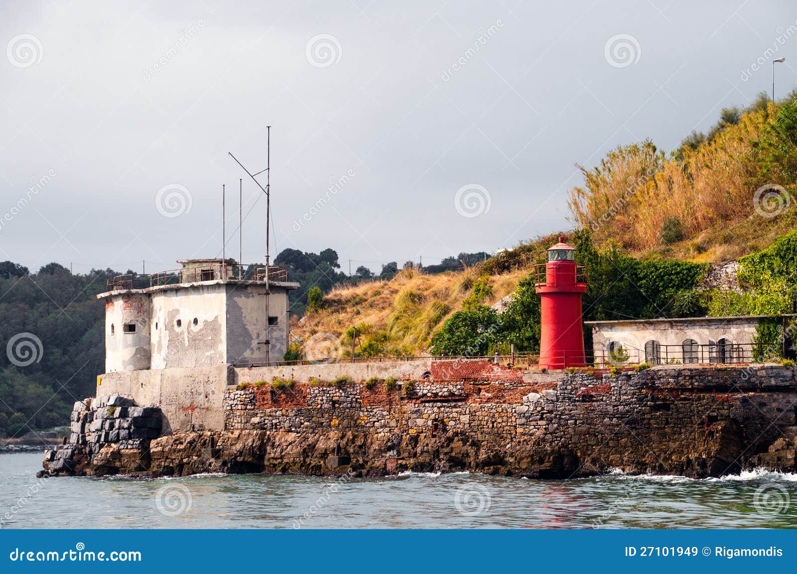 Small Red Lighthouse and Old House Stock Image - Image of light ...