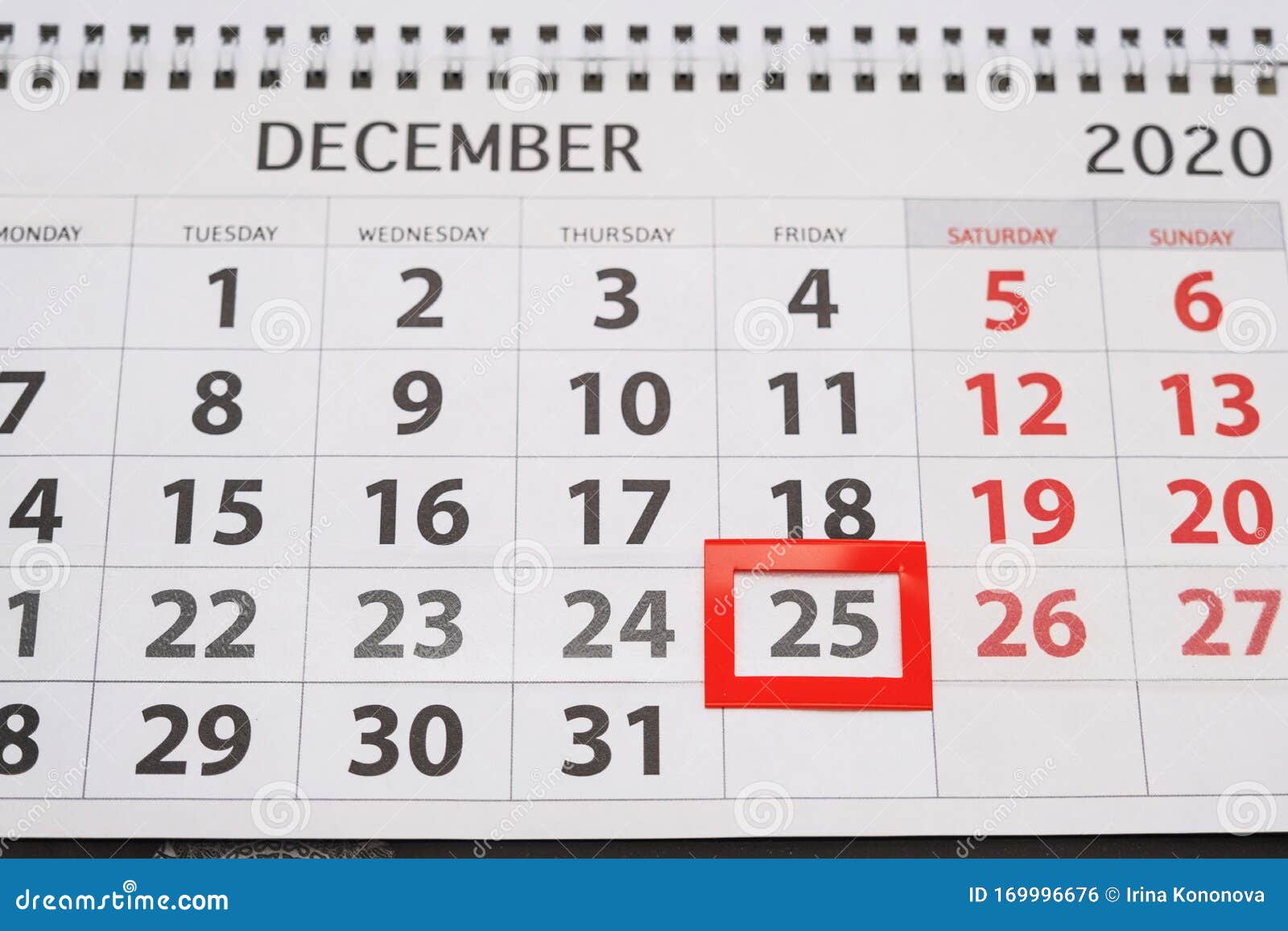 A Small Red Square Frames the Date December 25 in the Calendar Stock ...