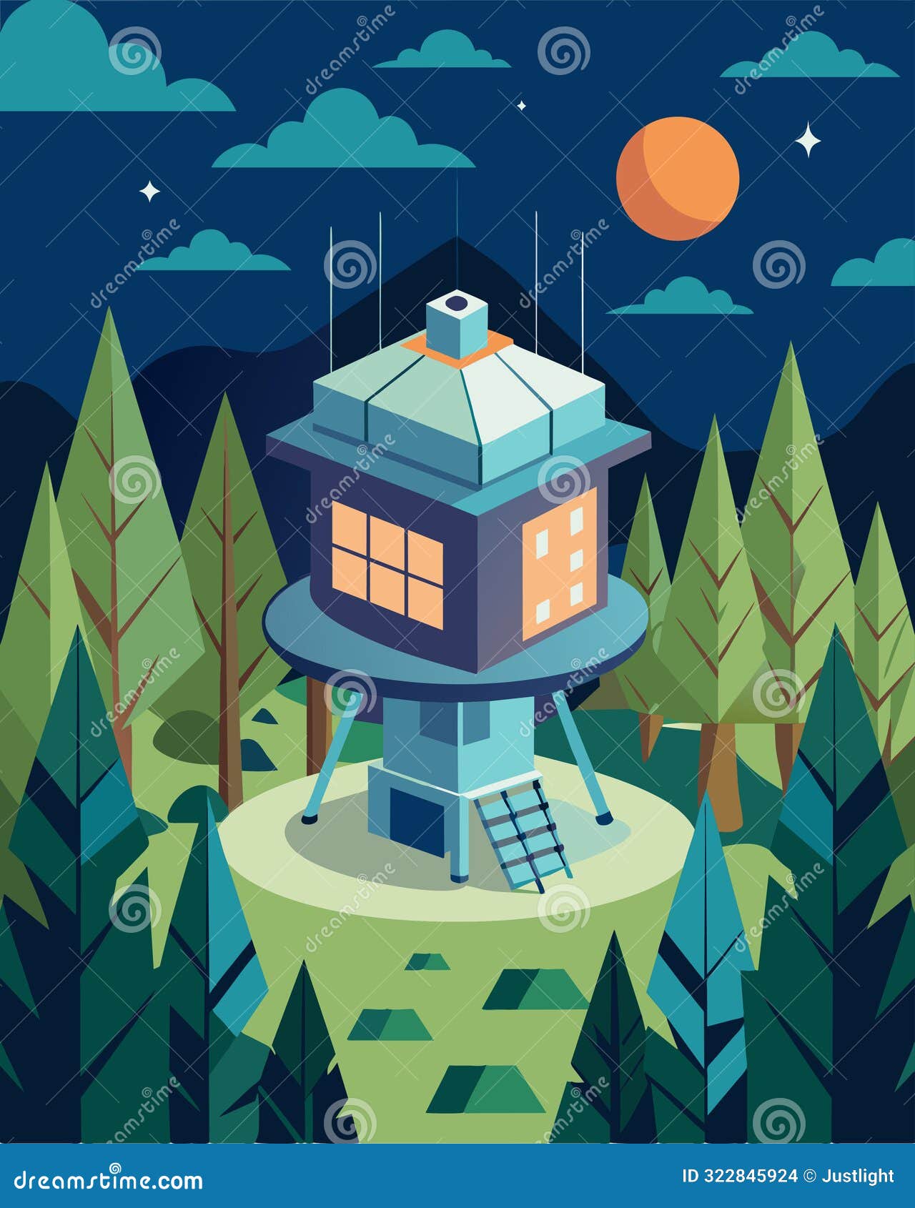 A Small Research Outpost In A Forest With Solar Panels Mounted On Trees ...