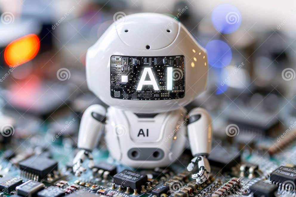 Small Robot with AI Display on a Circuit Board, Symbolizing Advanced ...