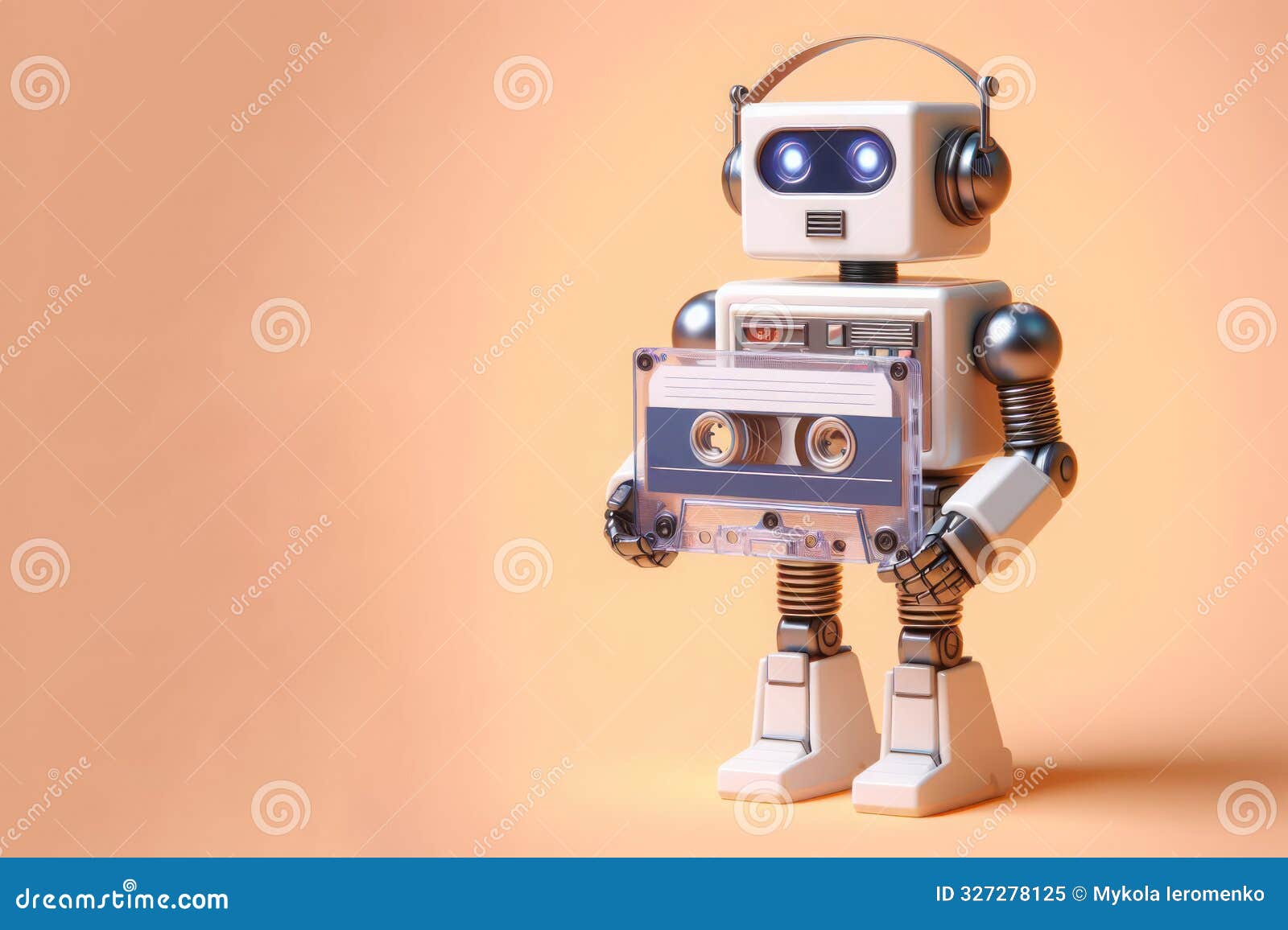 A Small Robot Holding a Music Cassette. Space for Text. Stock ...