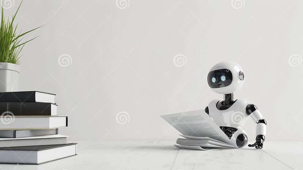 Small Robot Reading Documents beside a Stack of Books and a Potted Plant. Concept of AI in ...