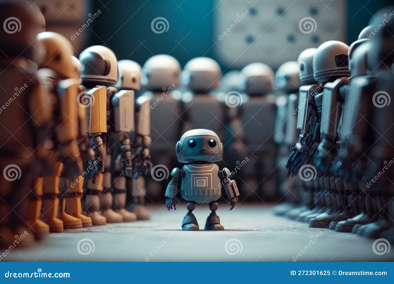 Small Robot Standing in Front of Group of Smaller Robot Toy Figurines ...